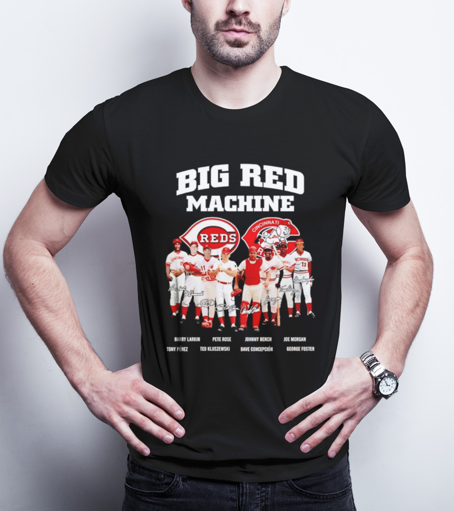 Big Red Machine Cincinnati Reds Legends Signatures Tony Perez Pete Rose Johnny Bench Joe Morgan T-Shirt