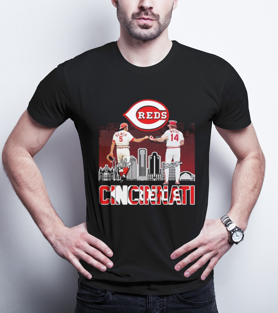 Cincinnati Reds Bench And Rose Skyline Signatures T-Shirt