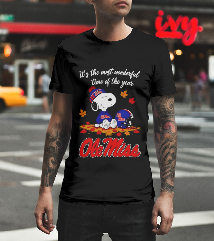 Ole Miss Snoopy It's The Most Wonderful Time Of The Year Fall Leaves T-Shirt
