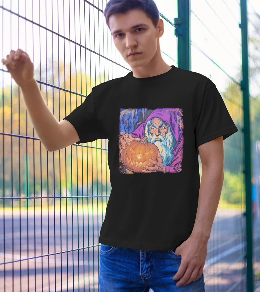 Pondering The Pumpkin Halloween Wizard With Jack O' Lantern 2026 T-Shirt