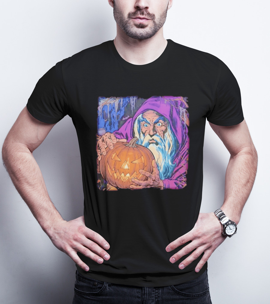 Pondering The Pumpkin Halloween Wizard With Jack O' Lantern 2026 T-Shirt