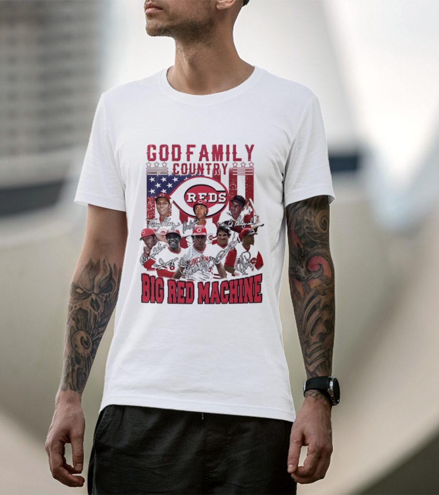 Cincinnati Reds God Family Country Big Red Machine Reds Signatures T-Shirt