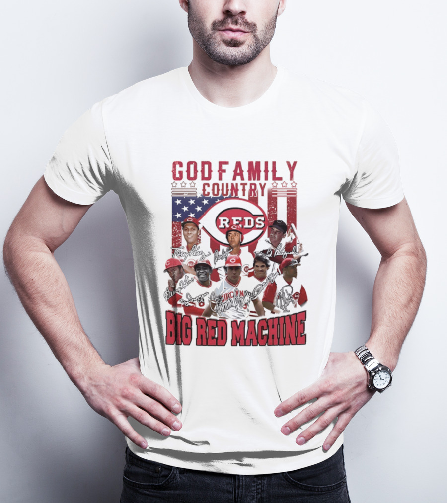 Cincinnati Reds God Family Country Big Red Machine Reds Signatures T-Shirt
