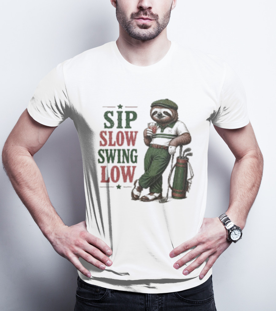 Sip Slow Swing Low Sloth Golfer Drinking Relaxed Golf T-Shirt