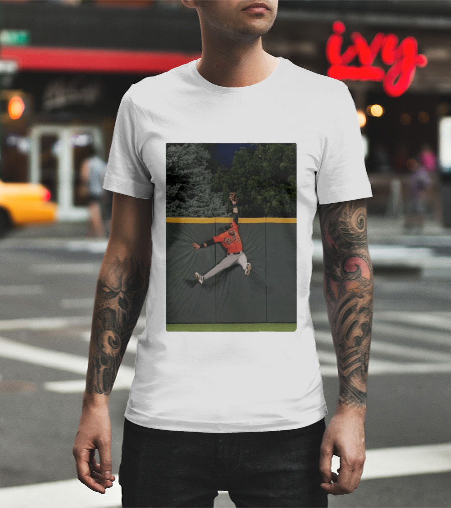 Colton Cowser Catch At Wall Wearing Red O's Jersey In Field Action T-Shirt