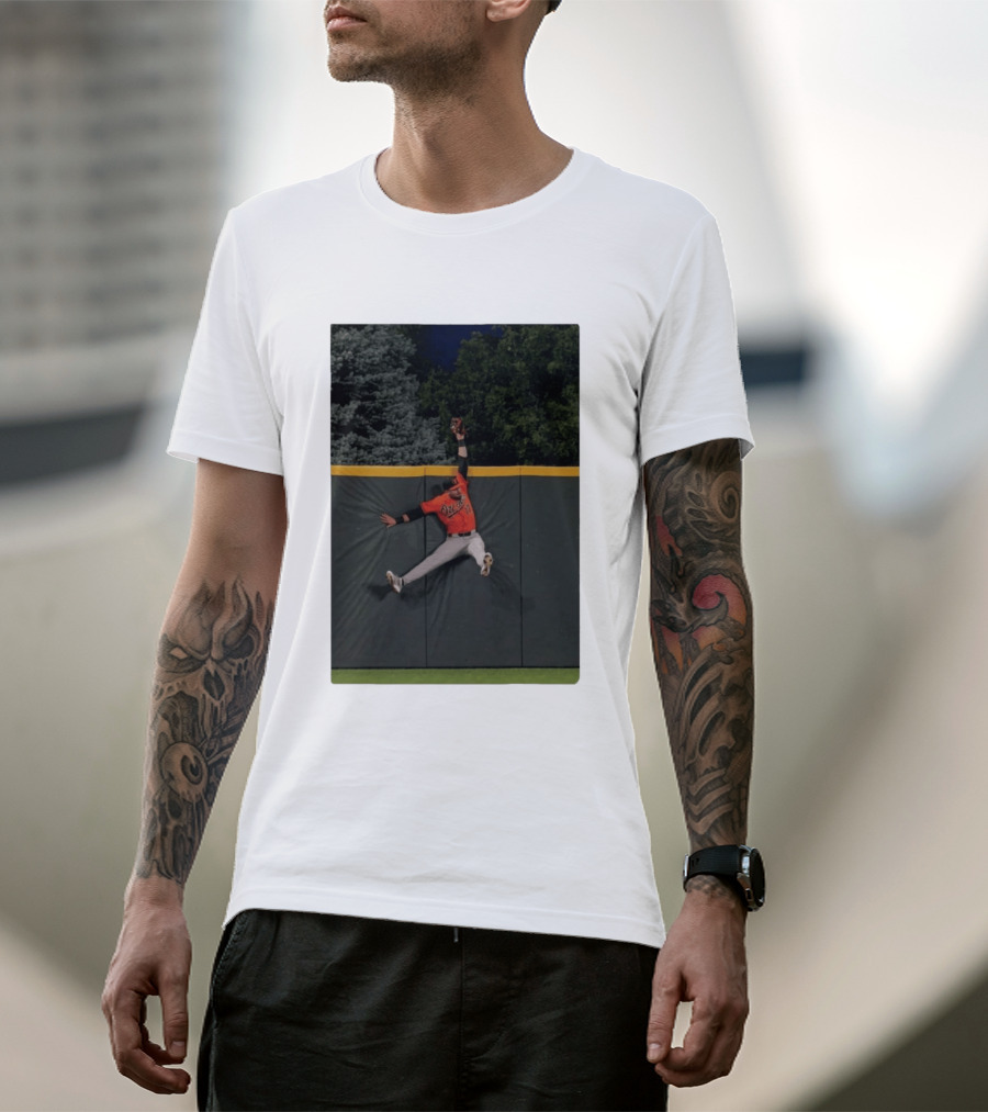 Colton Cowser Catch At Wall Wearing Red O's Jersey In Field Action T-Shirt