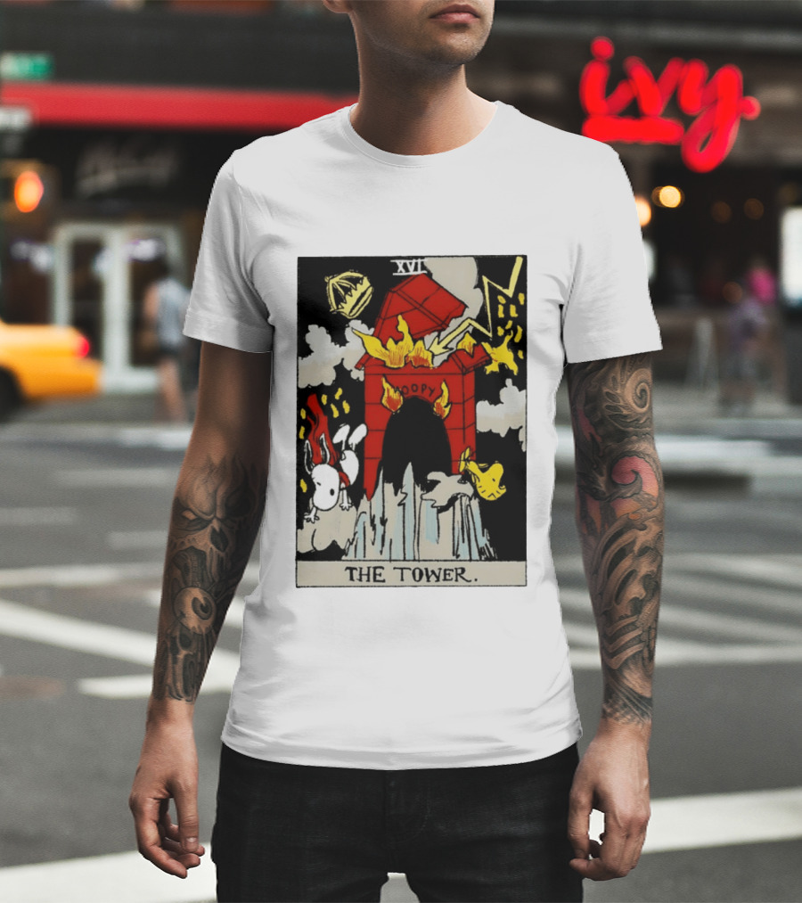 Snoopy The Tower Tarot Card XVII Lightning Flames Clouds Woodstock T-Shirt