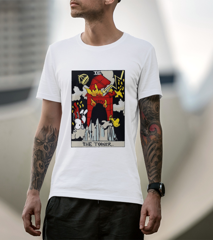 Snoopy The Tower Tarot Card XVII Lightning Flames Clouds Woodstock T-Shirt