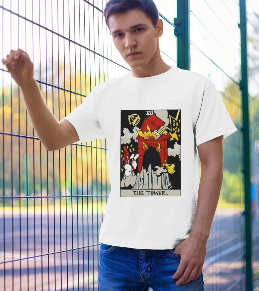 Snoopy The Tower Tarot Card XVII Lightning Flames Clouds Woodstock T-Shirt
