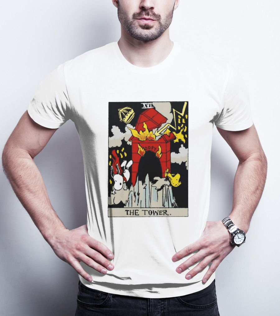 Snoopy The Tower Tarot Card XVII Lightning Flames Clouds Woodstock T-Shirt