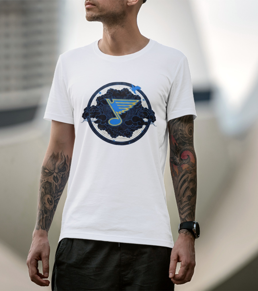STL Blues Fourth Wing Night 2026 Circle Blue Emblem With Musical Note And Clouds T-Shirt