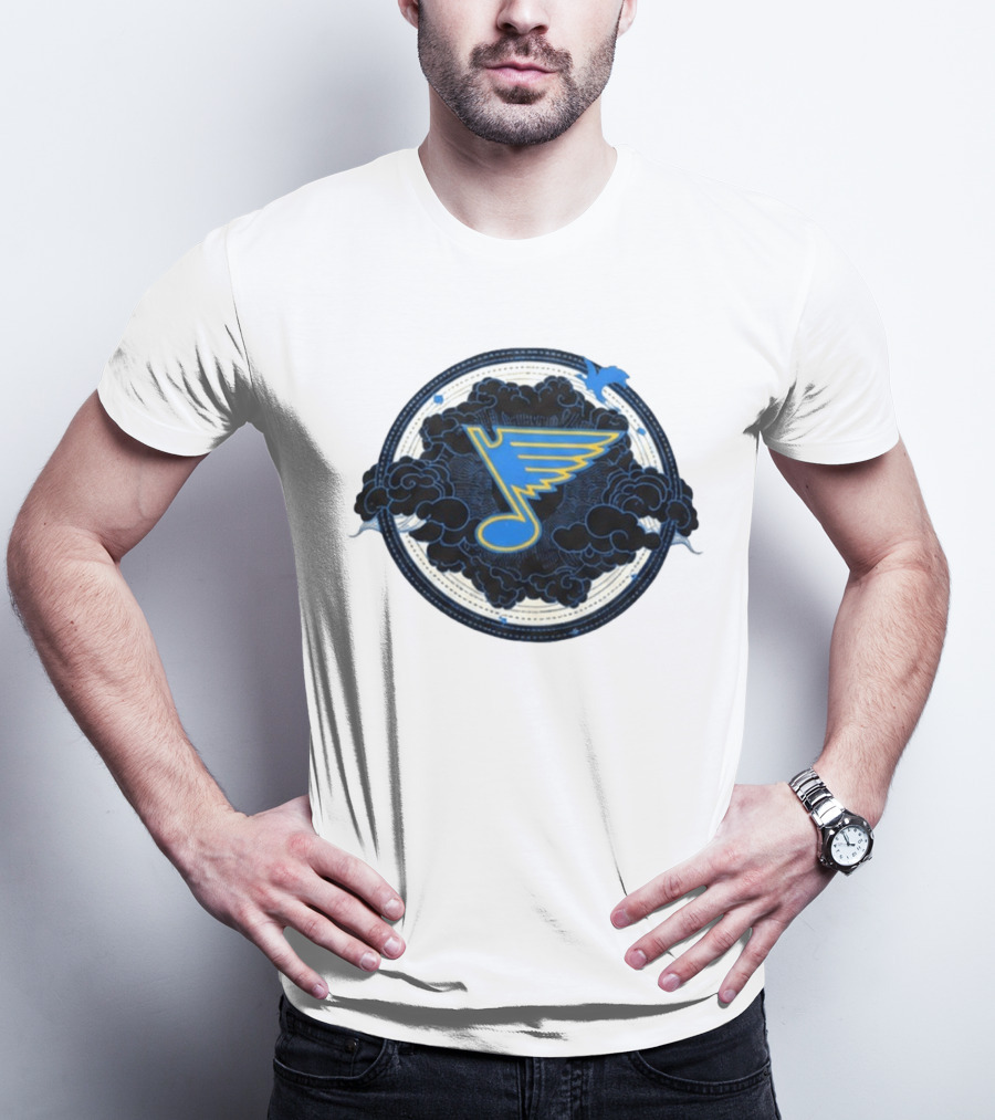 STL Blues Fourth Wing Night 2026 Circle Blue Emblem With Musical Note And Clouds T-Shirt