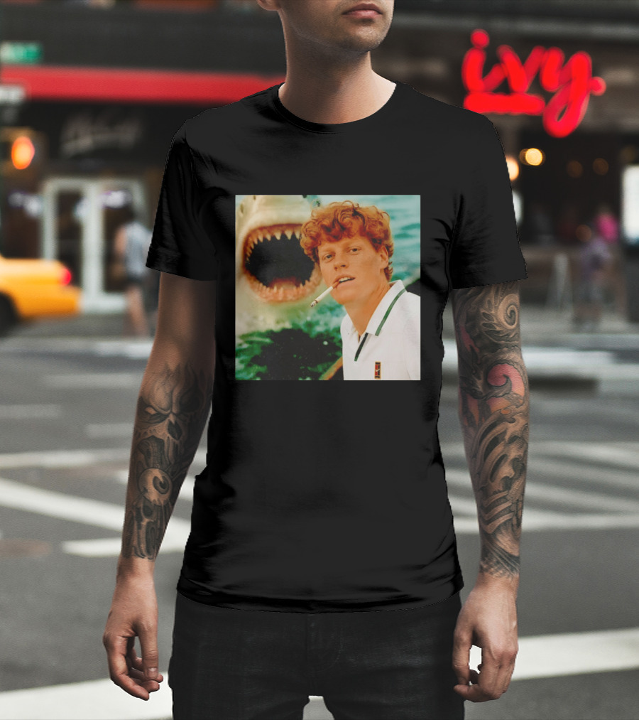 Jannik Sinner Smoking With Jaws Shark Behind T-Shirt