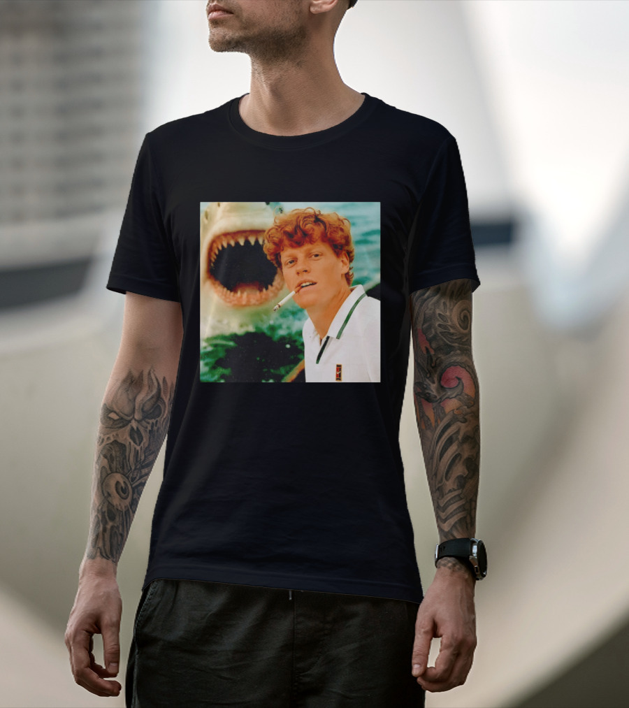 Jannik Sinner Smoking With Jaws Shark Behind T-Shirt
