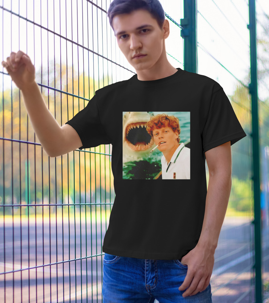 Jannik Sinner Smoking With Jaws Shark Behind T-Shirt