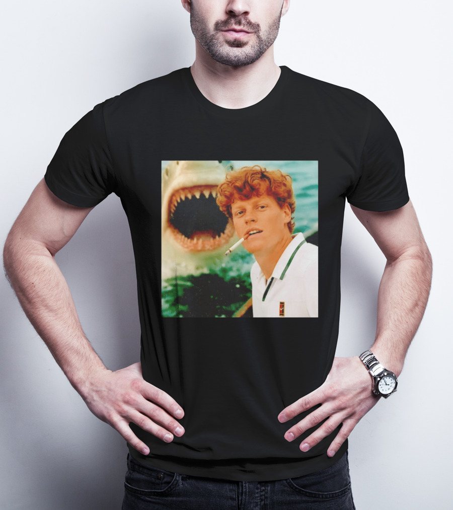 Jannik Sinner Smoking With Jaws Shark Behind T-Shirt