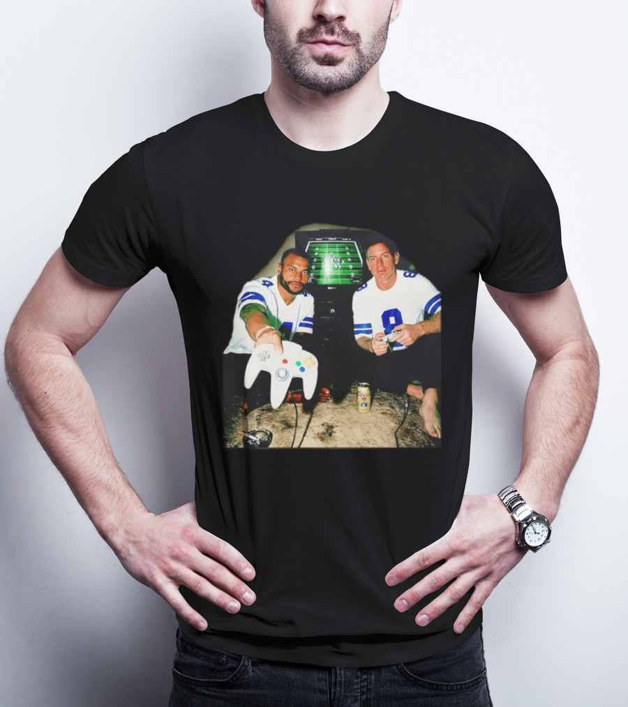 Dak Prescott Troy Aikman Dallas Cowboys Retro Gaming Session T-Shirt
