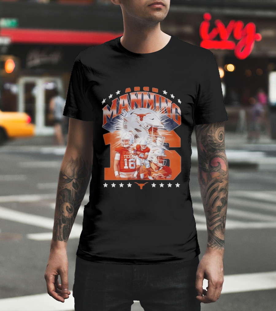 Texas Longhorns Arch Manning NCAA Football Collage Star Player Number 16 T-Shirt
