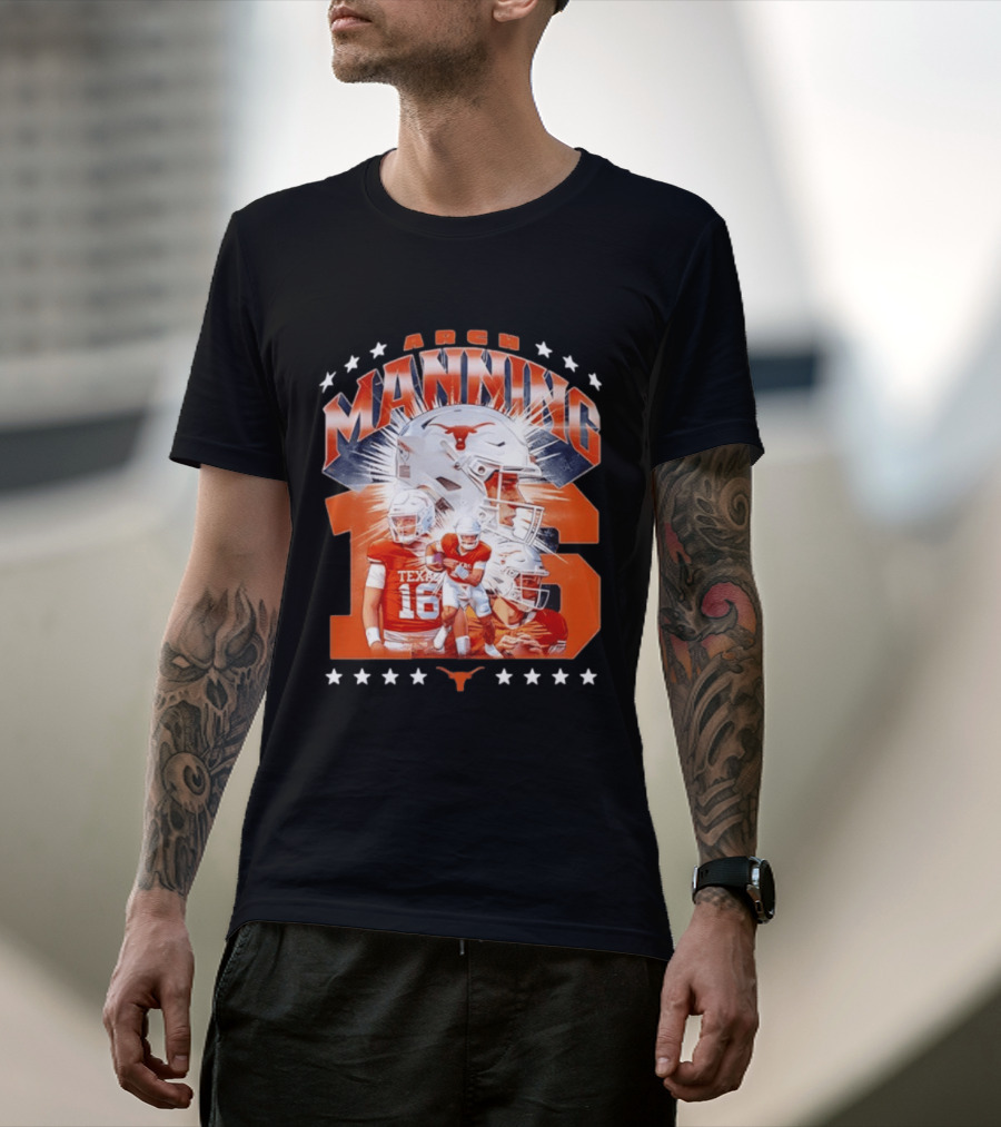 Texas Longhorns Arch Manning NCAA Football Collage Star Player Number 16 T-Shirt