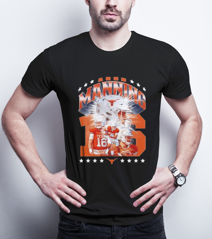 Texas Longhorns Arch Manning NCAA Football Collage Star Player Number 16 T-Shirt