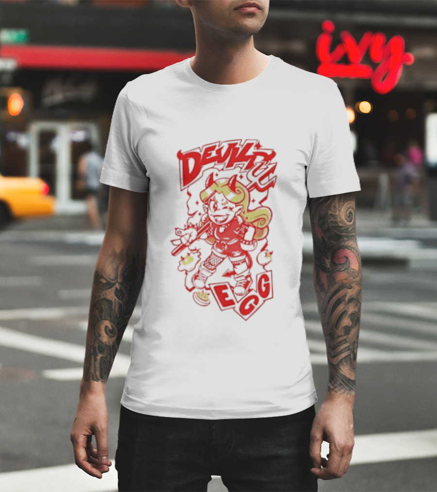 Devil Egg Cartoon Character With Pitchfork And Horns T-Shirt