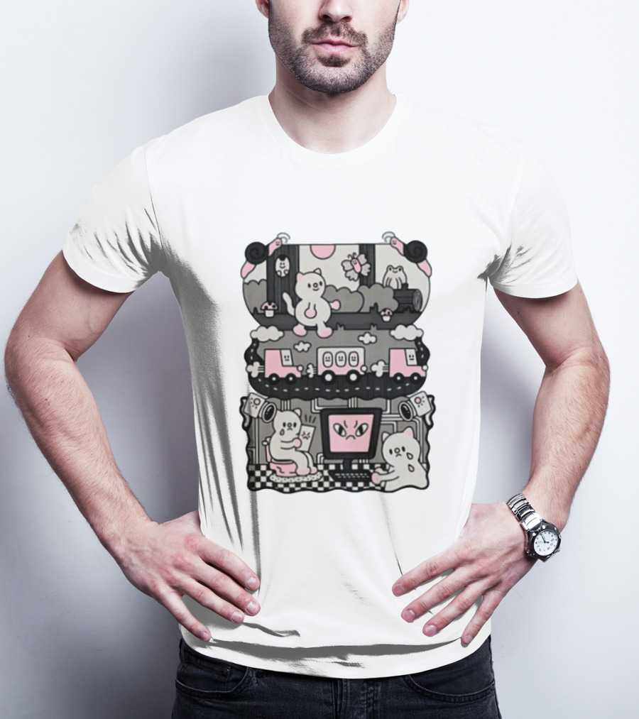 Surveillance Cat Life Internet Digital Computer Monitoring Cute Pink Scene T-Shirt