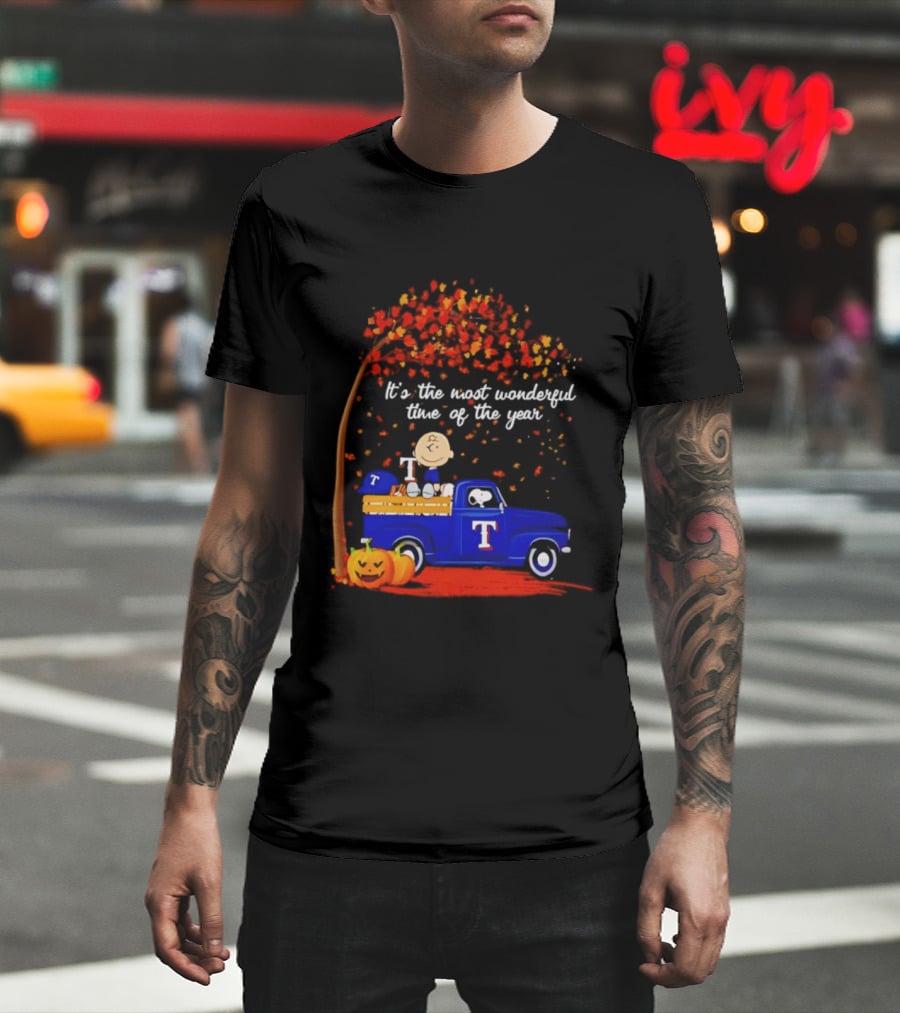 Snoopy Charlie Brown Texas Rangers Halloween 2026 It's The Most Wonderful Time Of The Year Truck Pumpkins T-Shirt