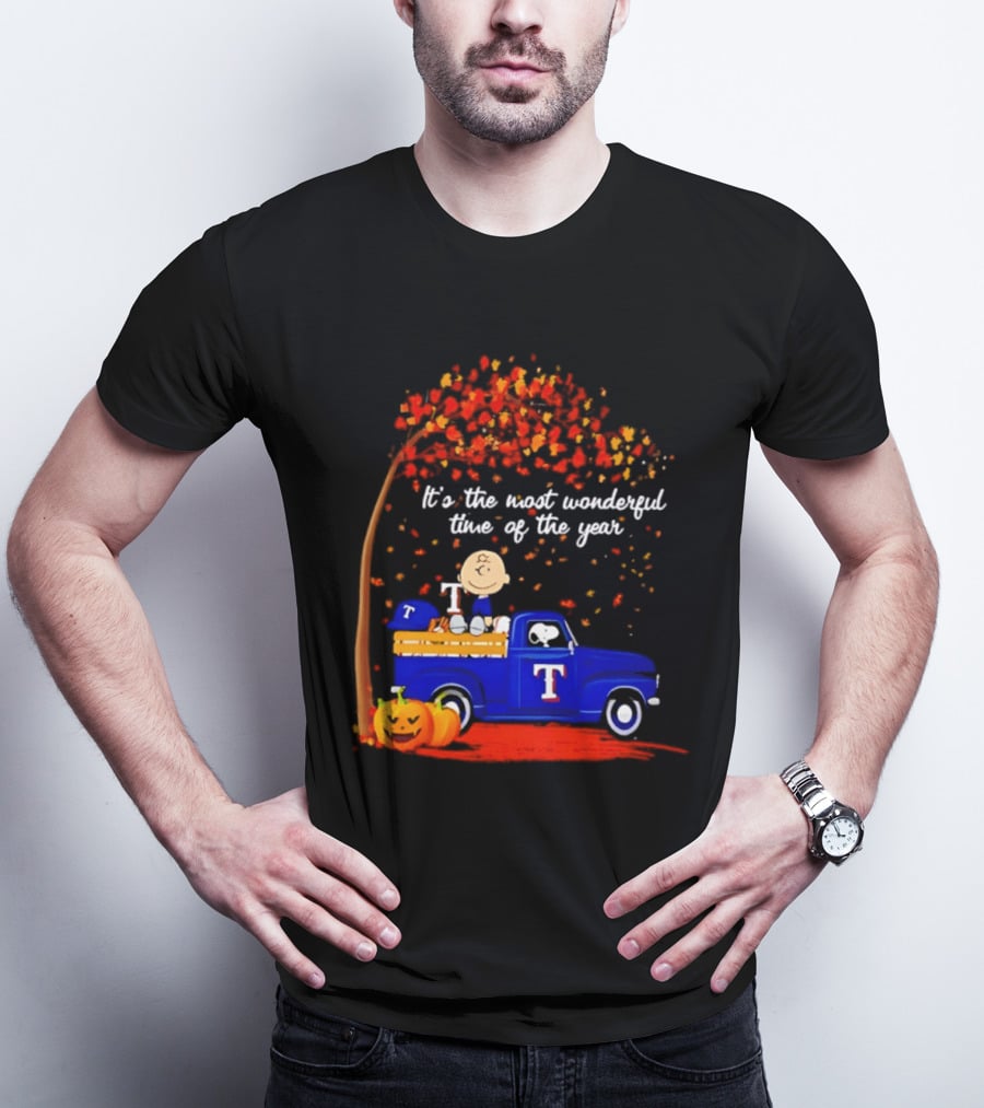 Snoopy Charlie Brown Texas Rangers Halloween 2026 It's The Most Wonderful Time Of The Year Truck Pumpkins T-Shirt