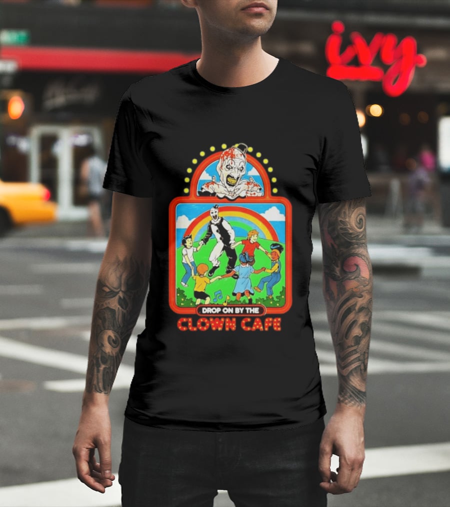 Drop On By The Clown Cafe Creepy Clown Horror With Rainbow And Dancing Kids T-Shirt