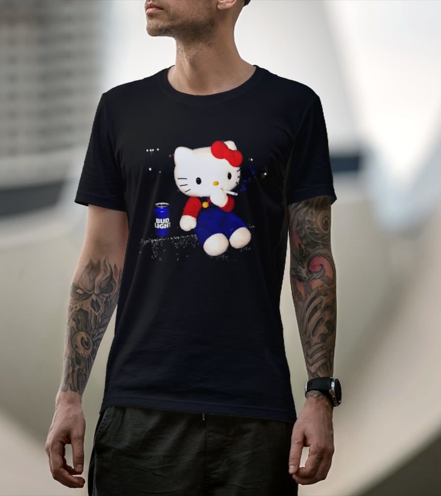 Hello Kitty With Smoking And Bud Light Can T-Shirt