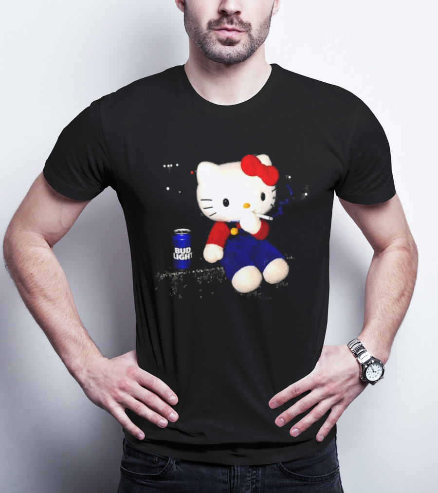 Hello Kitty With Smoking And Bud Light Can T-Shirt