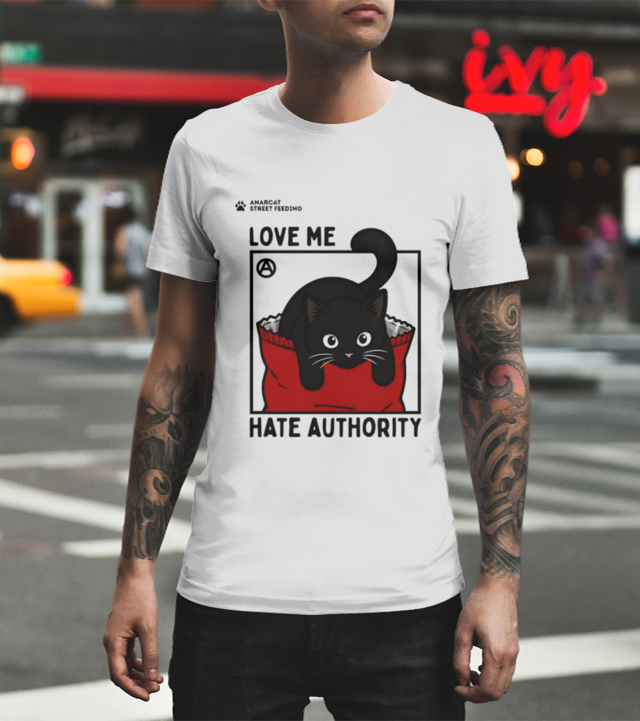 Anarcat Street Feeding Love Me Hate Authority Black Cat Red Bag T-Shirt