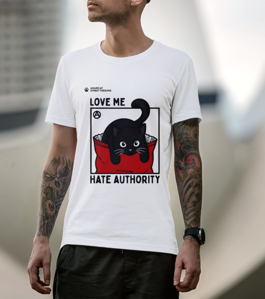 Anarcat Street Feeding Love Me Hate Authority Black Cat Red Bag T-Shirt