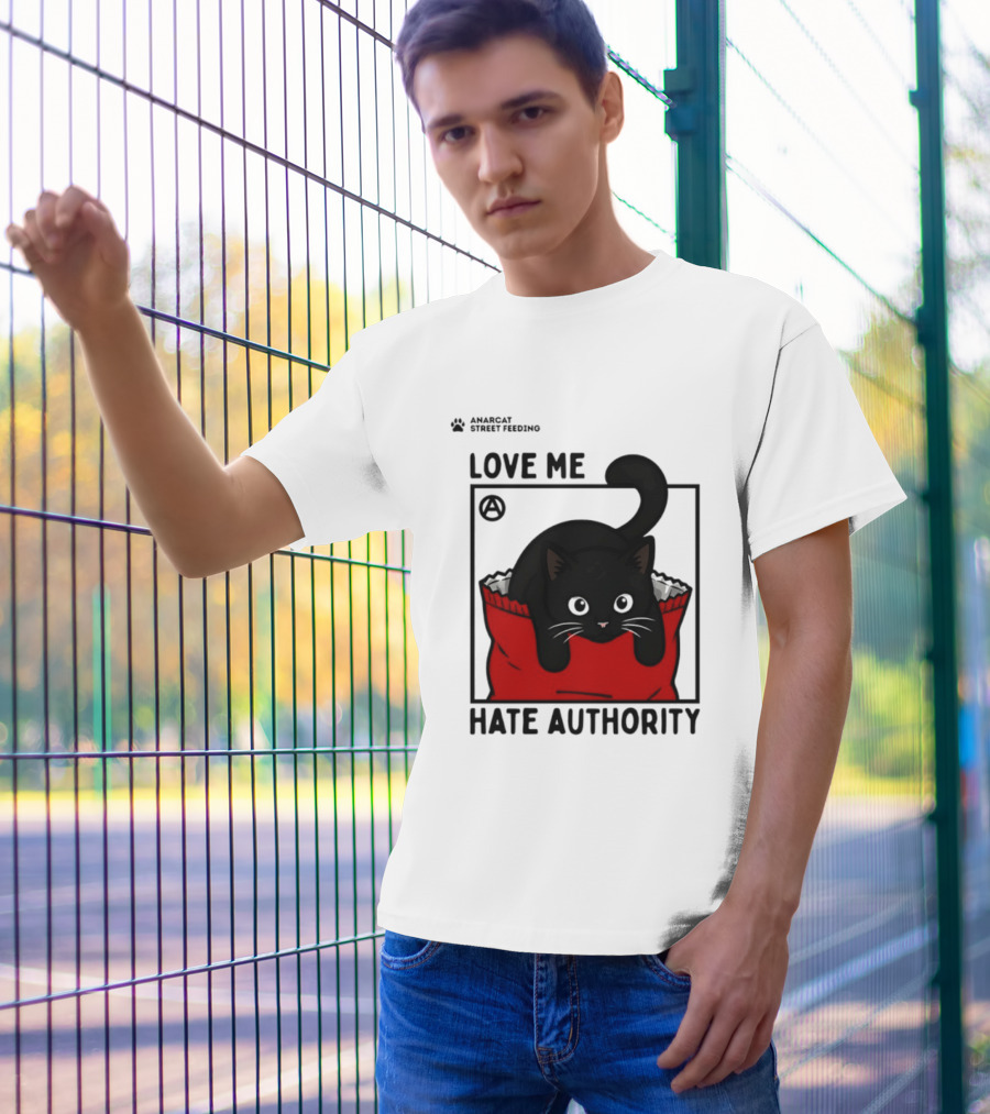 Anarcat Street Feeding Love Me Hate Authority Black Cat Red Bag T-Shirt