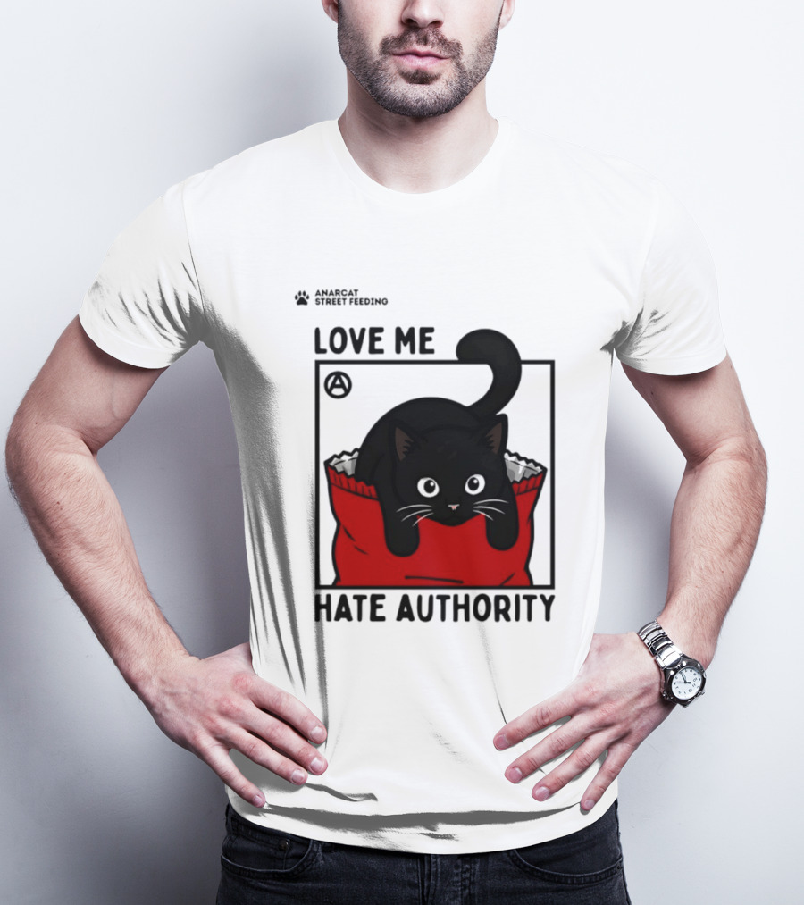 Anarcat Street Feeding Love Me Hate Authority Black Cat Red Bag T-Shirt