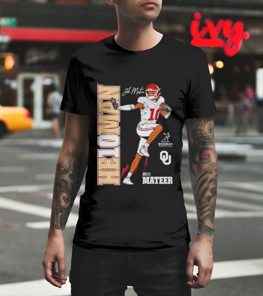 HE10MAN J Mateer Oklahoma Sooners Heisman Stance Player Number 10 T-Shirt