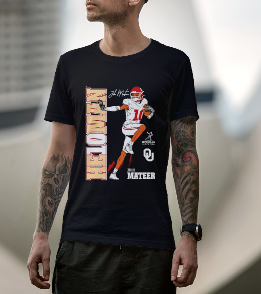 HE10MAN J Mateer Oklahoma Sooners Heisman Stance Player Number 10 T-Shirt