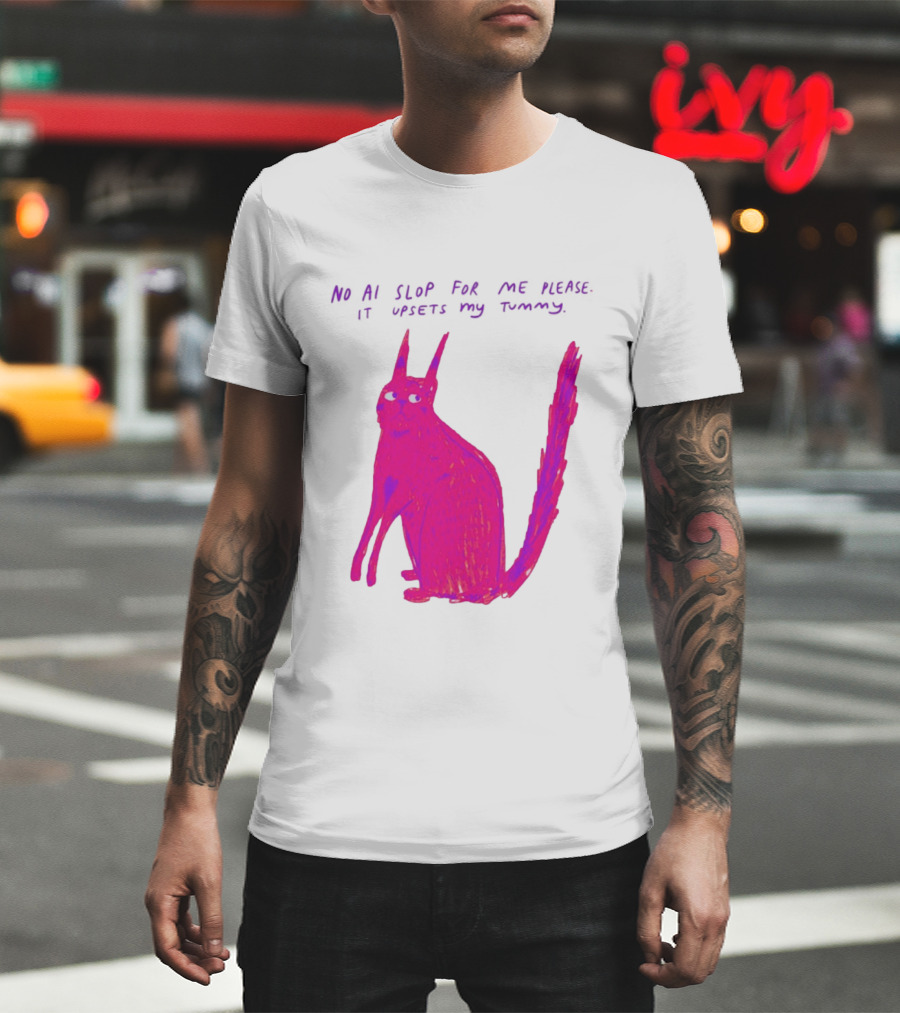 No AI Slop For Me Please It Upsets My Tummy Pink Cat T-Shirt