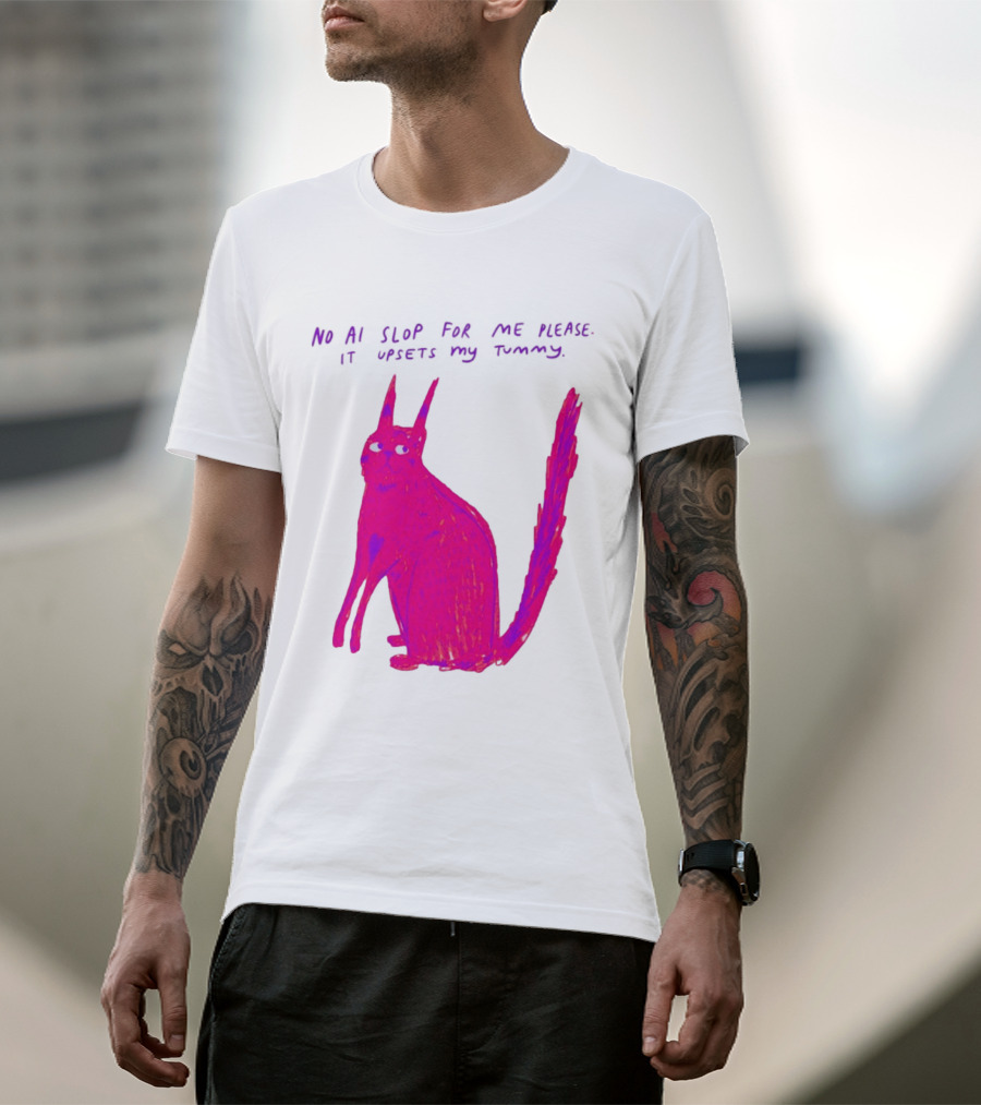 No AI Slop For Me Please It Upsets My Tummy Pink Cat T-Shirt