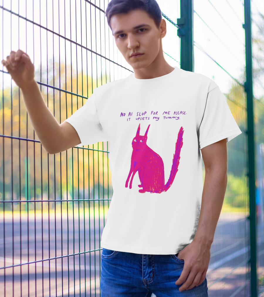 No AI Slop For Me Please It Upsets My Tummy Pink Cat T-Shirt