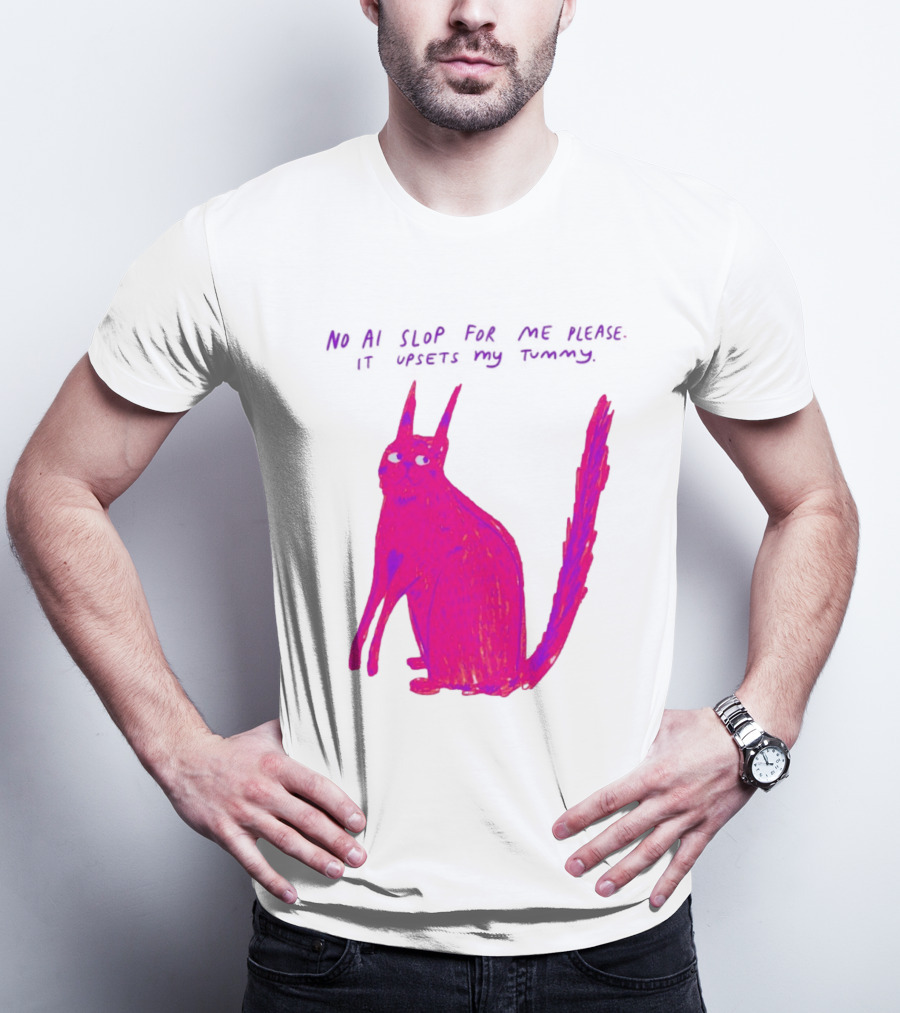 No AI Slop For Me Please It Upsets My Tummy Pink Cat T-Shirt