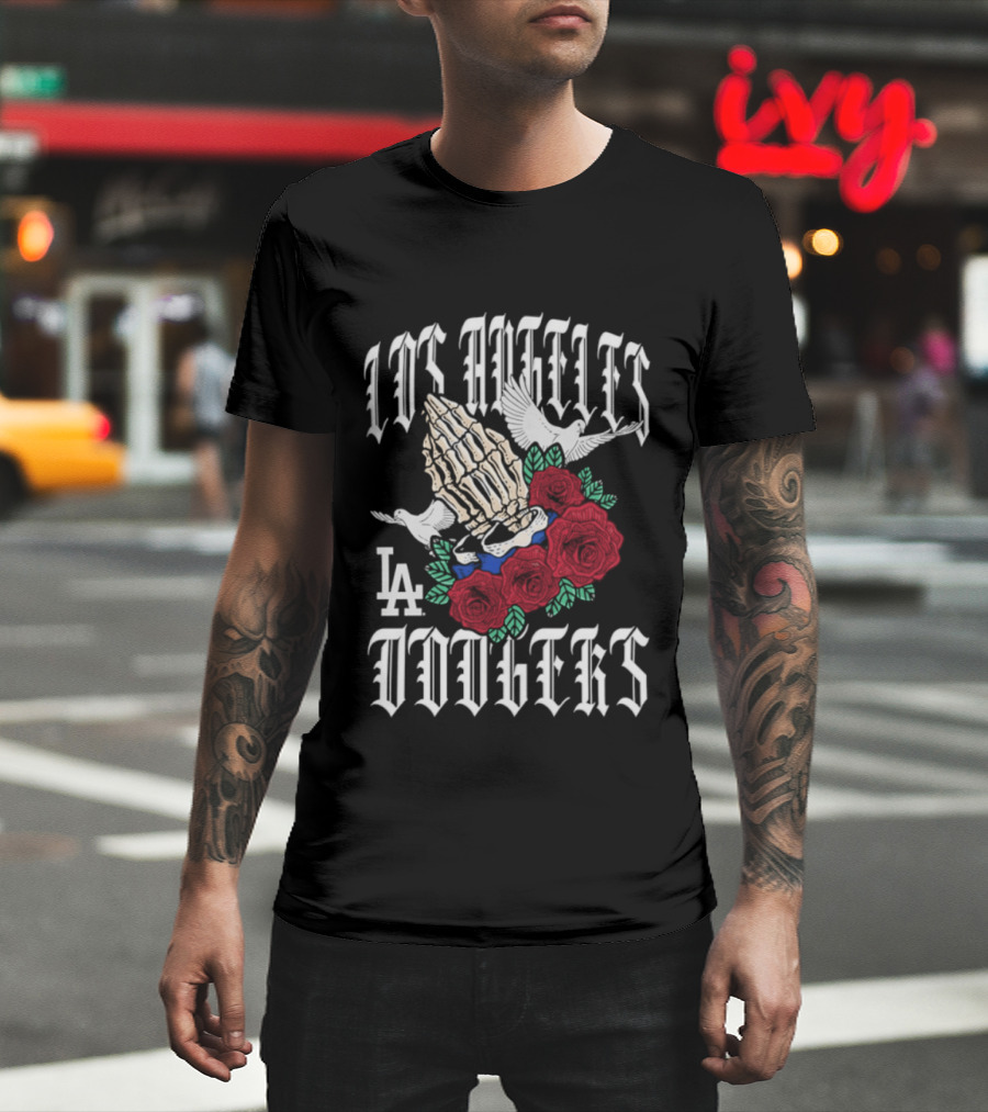 Los Angeles Dodgers Gothic Bloom Praying Hands Roses Halloween 2026 T-Shirt