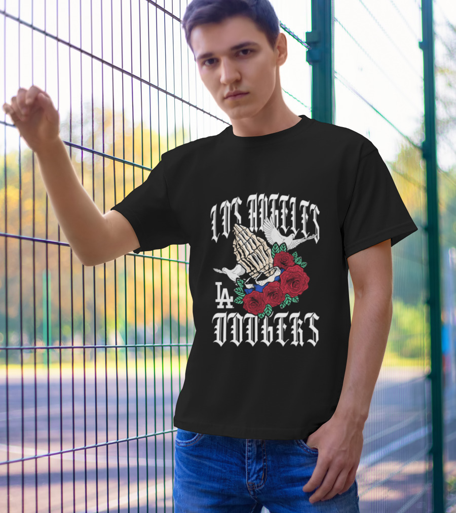 Los Angeles Dodgers Gothic Bloom Praying Hands Roses Halloween 2026 T-Shirt