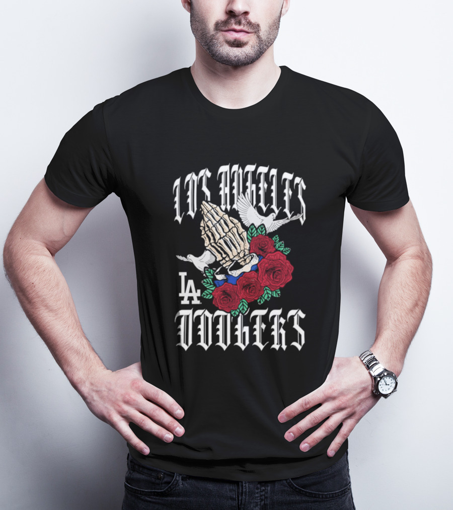 Los Angeles Dodgers Gothic Bloom Praying Hands Roses Halloween 2026 T-Shirt