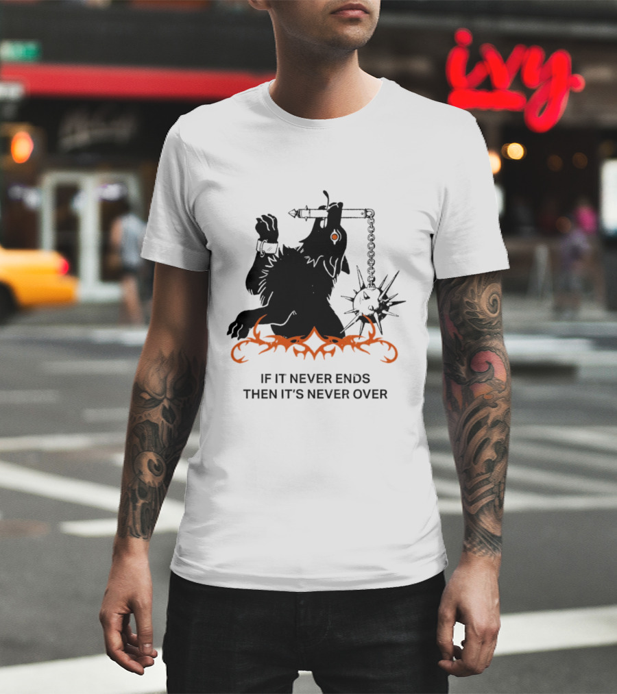 If It Never Ends Then It's Never Over Gothic Skeleton Warrior With Spiked Mace And Orange Flames T-Shirt