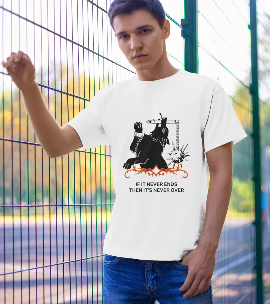 If It Never Ends Then It's Never Over Gothic Skeleton Warrior With Spiked Mace And Orange Flames T-Shirt