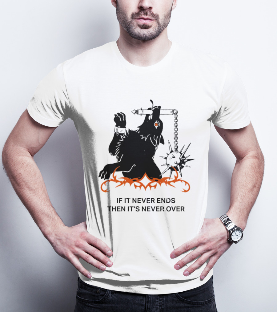 If It Never Ends Then It's Never Over Gothic Skeleton Warrior With Spiked Mace And Orange Flames T-Shirt