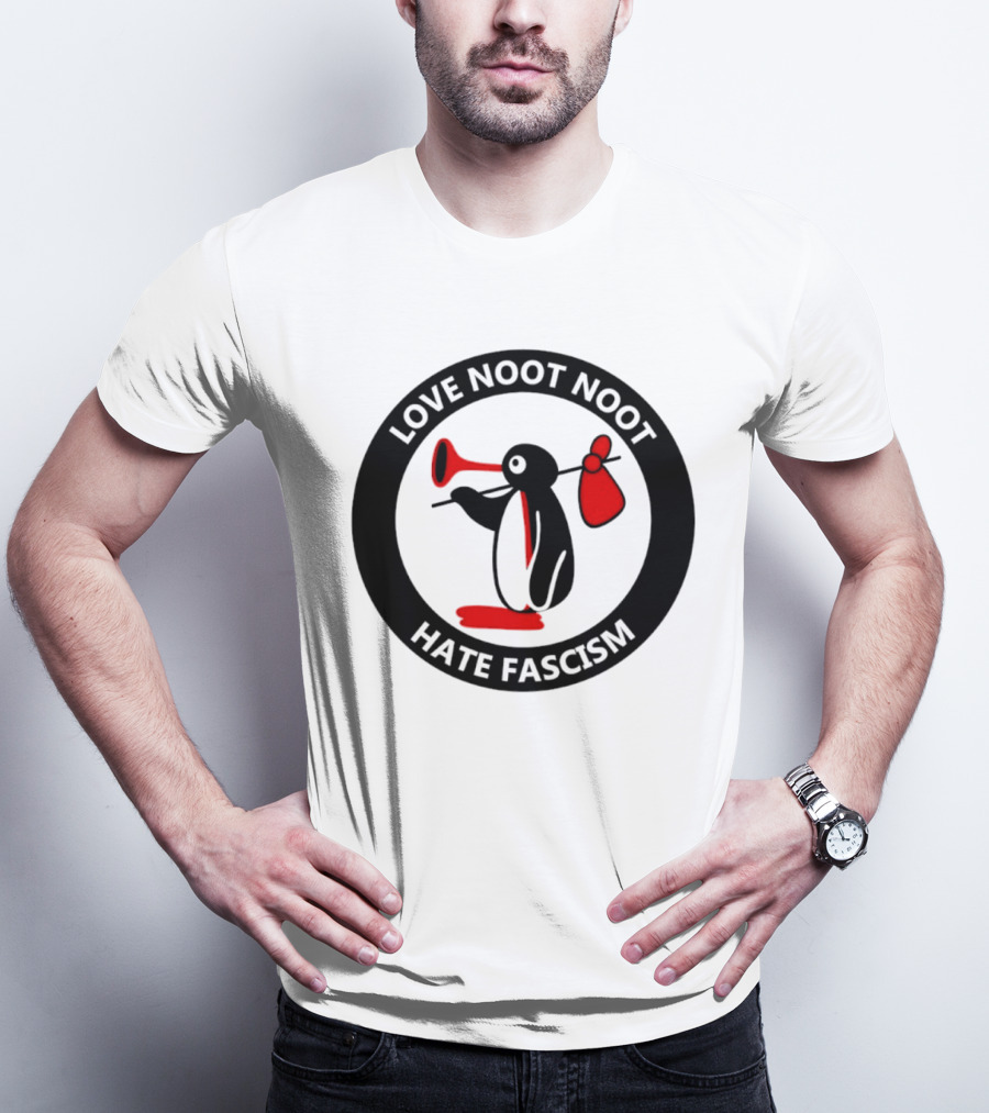 Love Noot Noot Hate Fascism Penguin Carrying Red Bag T-Shirt