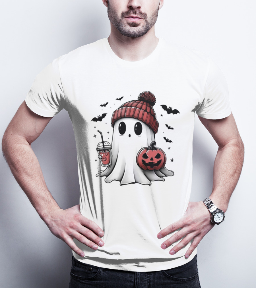 Ghost In Beanie With Pumpkin And Coffee Halloween 2026 T-Shirt
