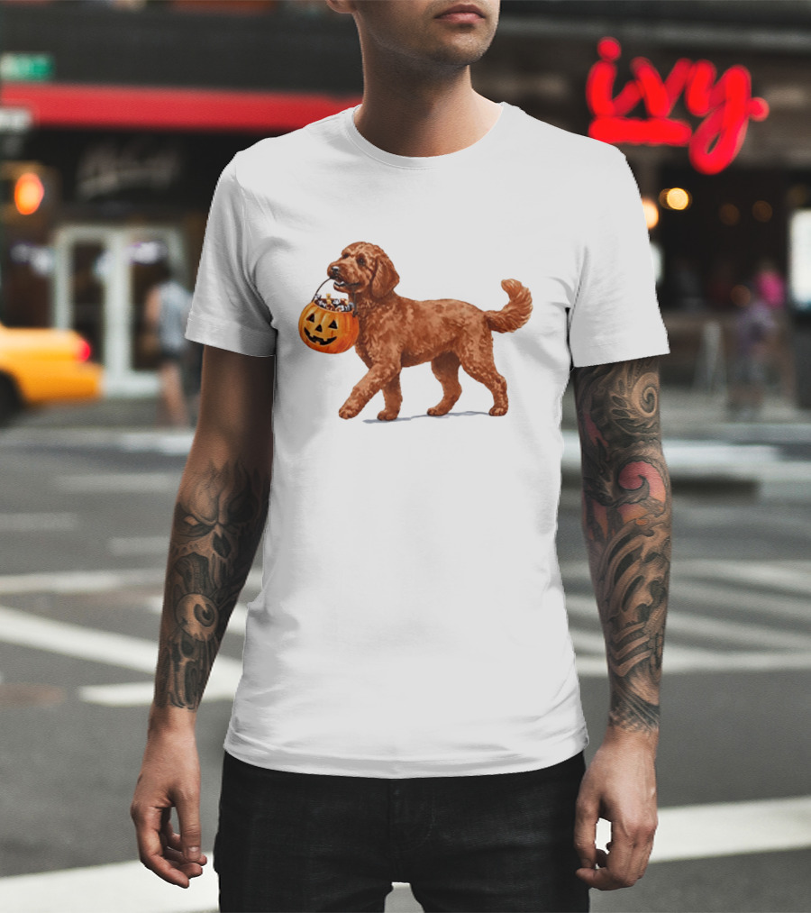 Goldendoodle Halloween Spooky Dog 2026 Pumpkin Treat Bucket T-Shirt